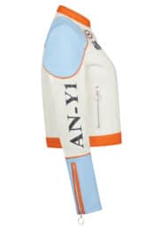 Baby Blue Leather Racer Jacket For Women | AN-Y1 Designer Fashion